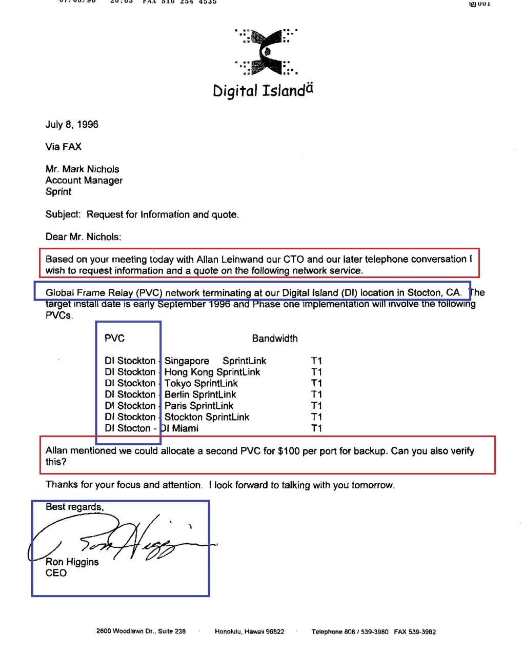Ron Higgins, Digital Island and the Hawaii Fiber access Misstatements